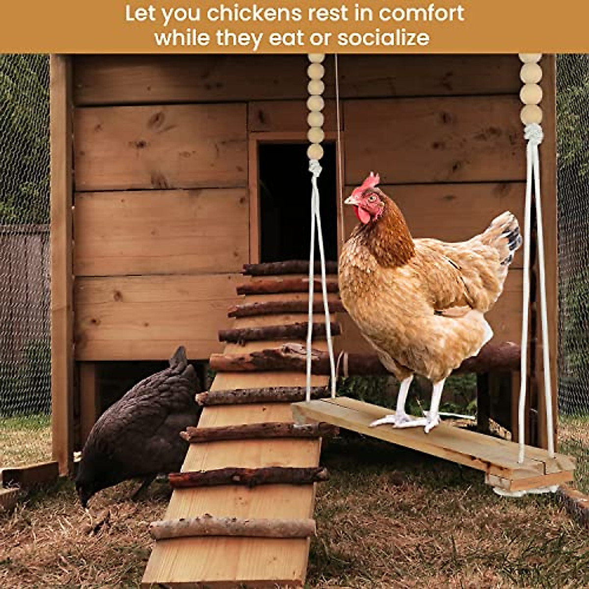 CW&WC Chicken Swing Toys for Chickens Coop with Adjustable Roost - Large Ladder Bar Accessories and Gifts Owners – Includes Ropes & Metal Hook (15.5In x 2.75In), A212