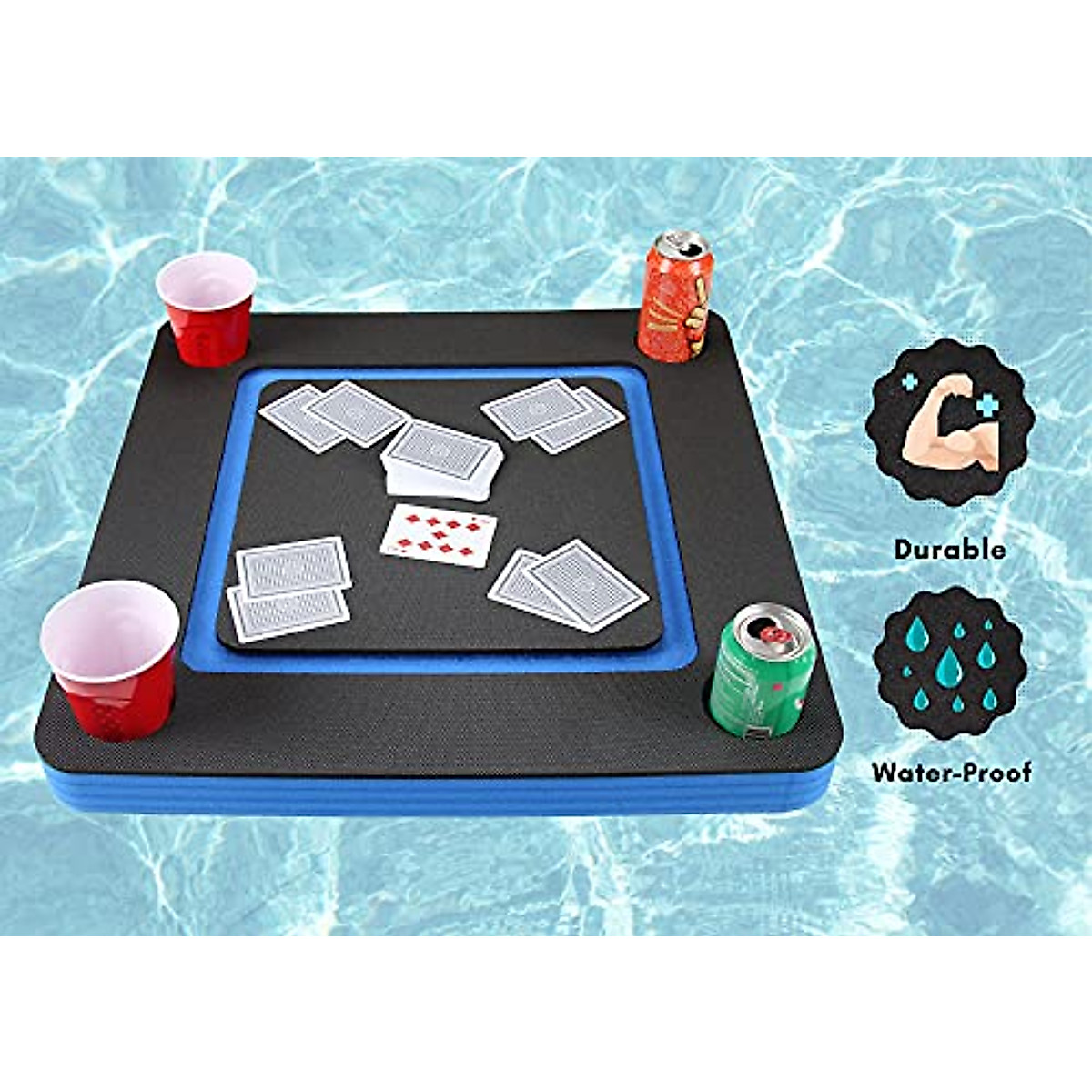 Polar Whale Floating Game or Card Table Blue and Black Tray for Pool or Beach Party Float Lounge Durable Foam 23.5 Inch Drink Holders with Waterproof Playing Cards Deck UV Resistant
