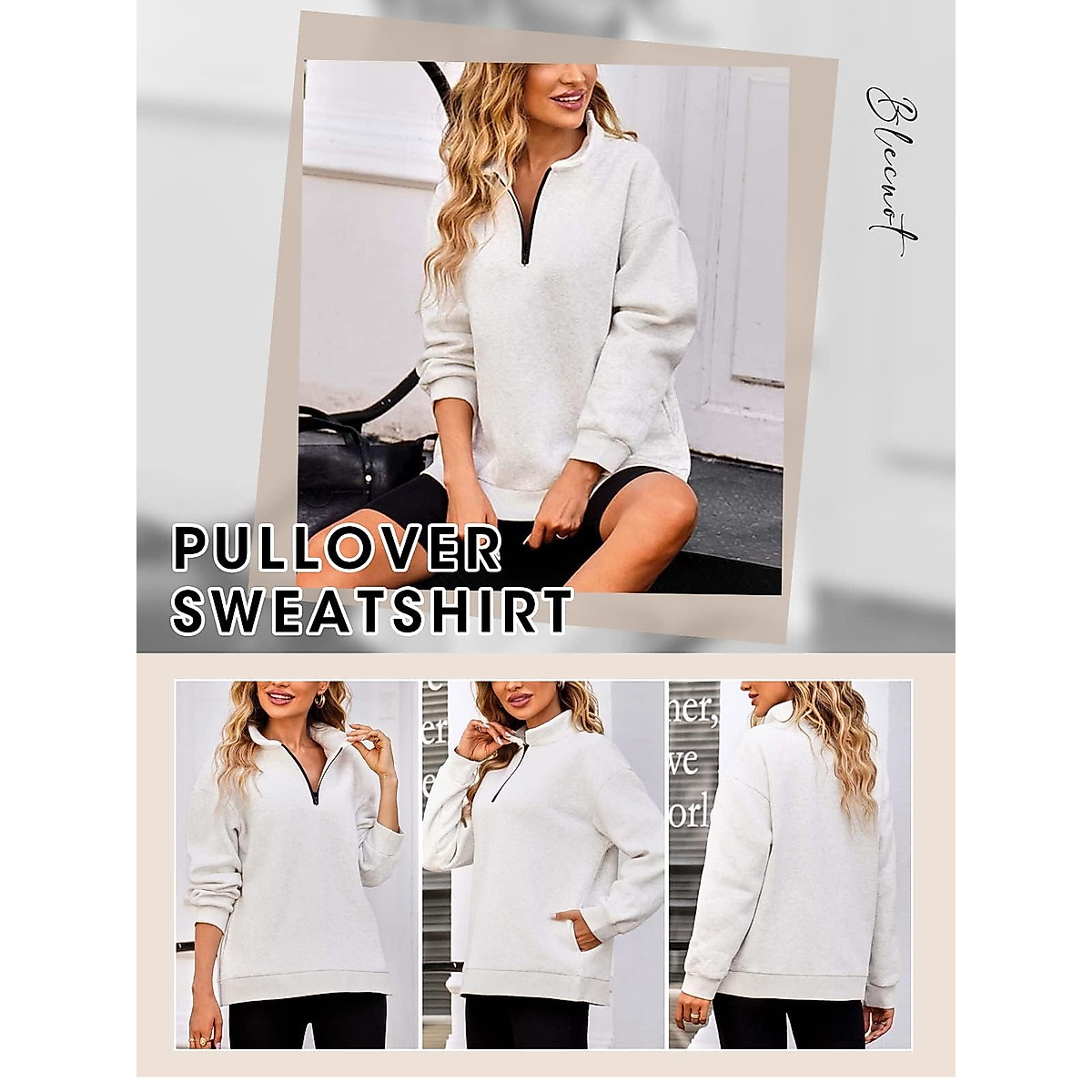 BLENCOT Women Half Zip Oversized Sweatshirts Long Sleeve Solid Color Drop Shoulder Fleece Workout Pullover Gray L