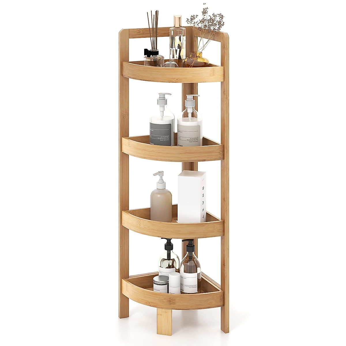 COSTWAY 4 Tier Corner Shelf, 31.5" Bamboo Bookshelf Standing Storage Rack w/Fall Prevention Rail, Ladder Shelf, Freestanding Bathroom Shelf for Bathroom, Living Room, Bedroom, Kitchen, Natural