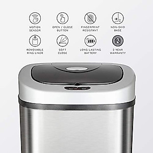 NINESTARS Automatic Touchless Infrared Motion Sensor Trash Can with Stainless Steel Base & Oval, Silver/Black Lid, 21 Gal