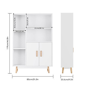 FOTOSOK Floor Storage Cabinet with 2 Shelves and 3 Cubes, Bookcase with Doors, Bookshelf Cabinet with Legs for Kitchen, Living Room and Home Office, White