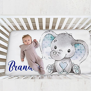 Munific Elephant Baby Crib Sheet, Personalized Fitted Crib Bedding Sheet Blue with Name, Custom Pack and Play Sheets, Crib Mattress Sheets for Baby Boys, Mini Crib Sheet | Name Crib Sheets