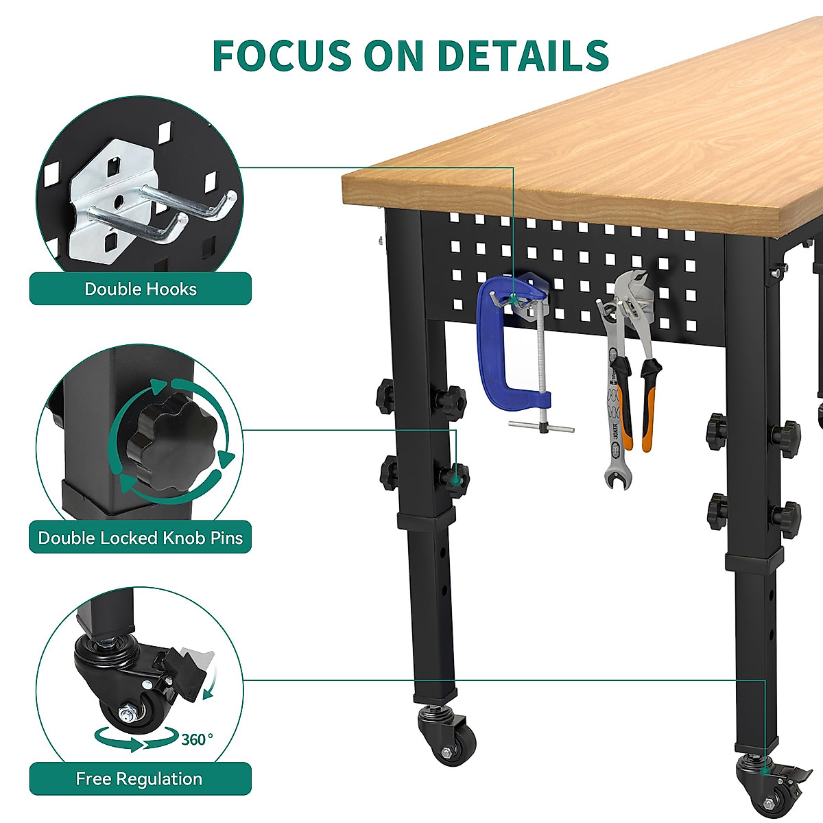 YITAHOME Work Bench 60" L X 20" W Adjustable Workbench for Garage W/Pegboard & Power Outlets Hardwood Top Heavy-Duty Workstation, 1600 LBS Load Capacity with Wheels for Workshop, Office, Home Outdoor