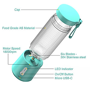 Binineew Portable Blender - 15oz Personal Blender Shakes and Smoothies USB Rechargeable - Multifunction Small Fruit Juicer Cup Kitchen Travel Camping Gym Office Baby Food (Blue)