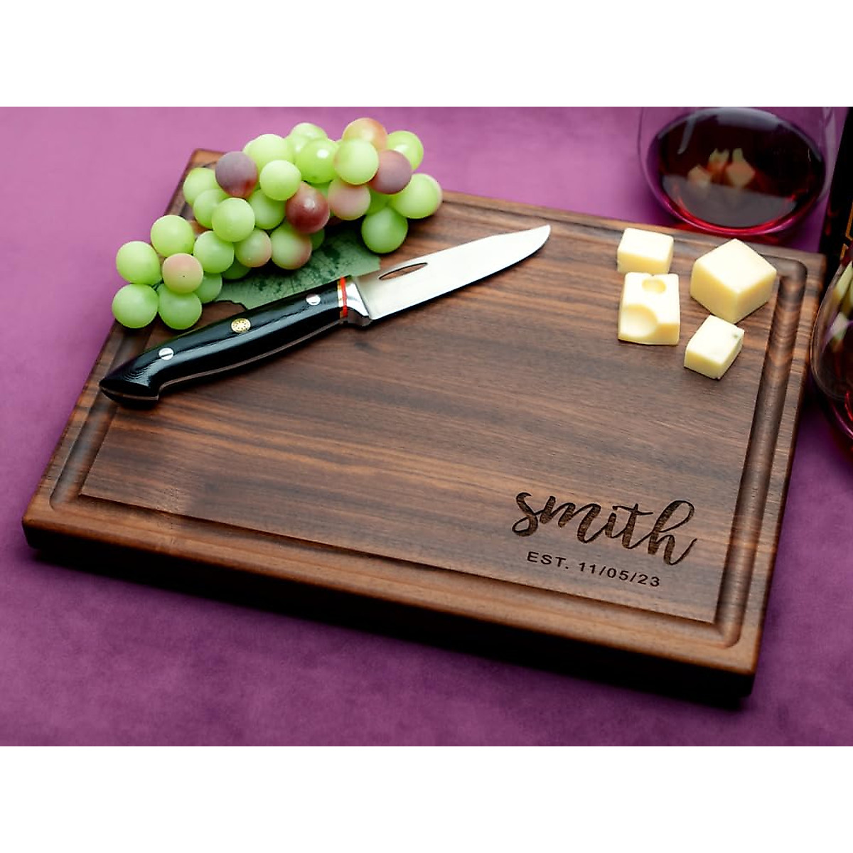 Straga Personalized Cutting Boards | Handmade Wood Engraved Charcuterie | Custom Wedding, Anniversary, Birthday Gift for Couples (Script Corner Design No.920).