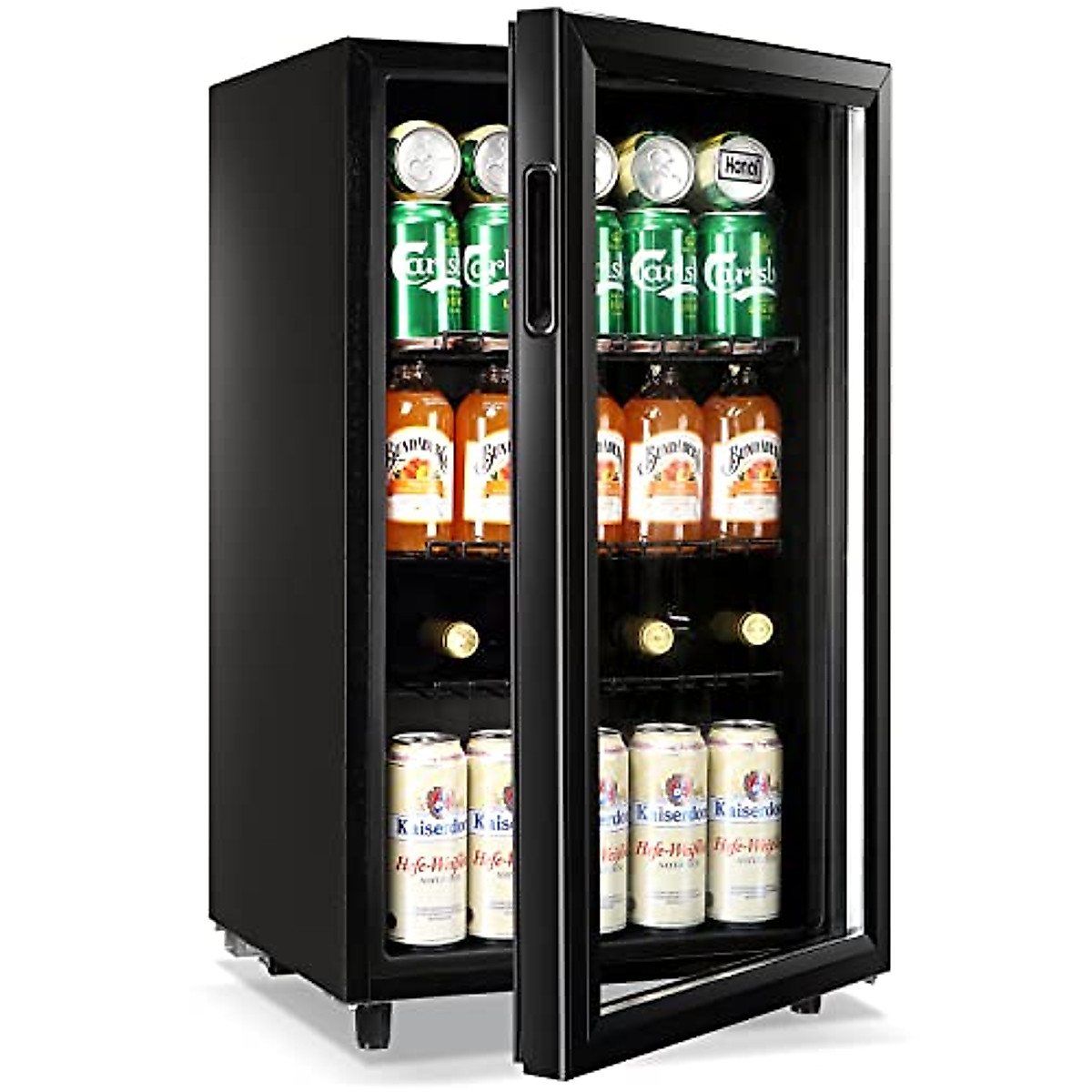 WANAI Beverage Refrigerator Cooler Mini Fridge Glass Door 125 Cans Beer Fridge Drinks Organizer for Soda Wine Small Refrigerator with 7 Thermostat 3 Shelves LED Lights for Home Bar Office