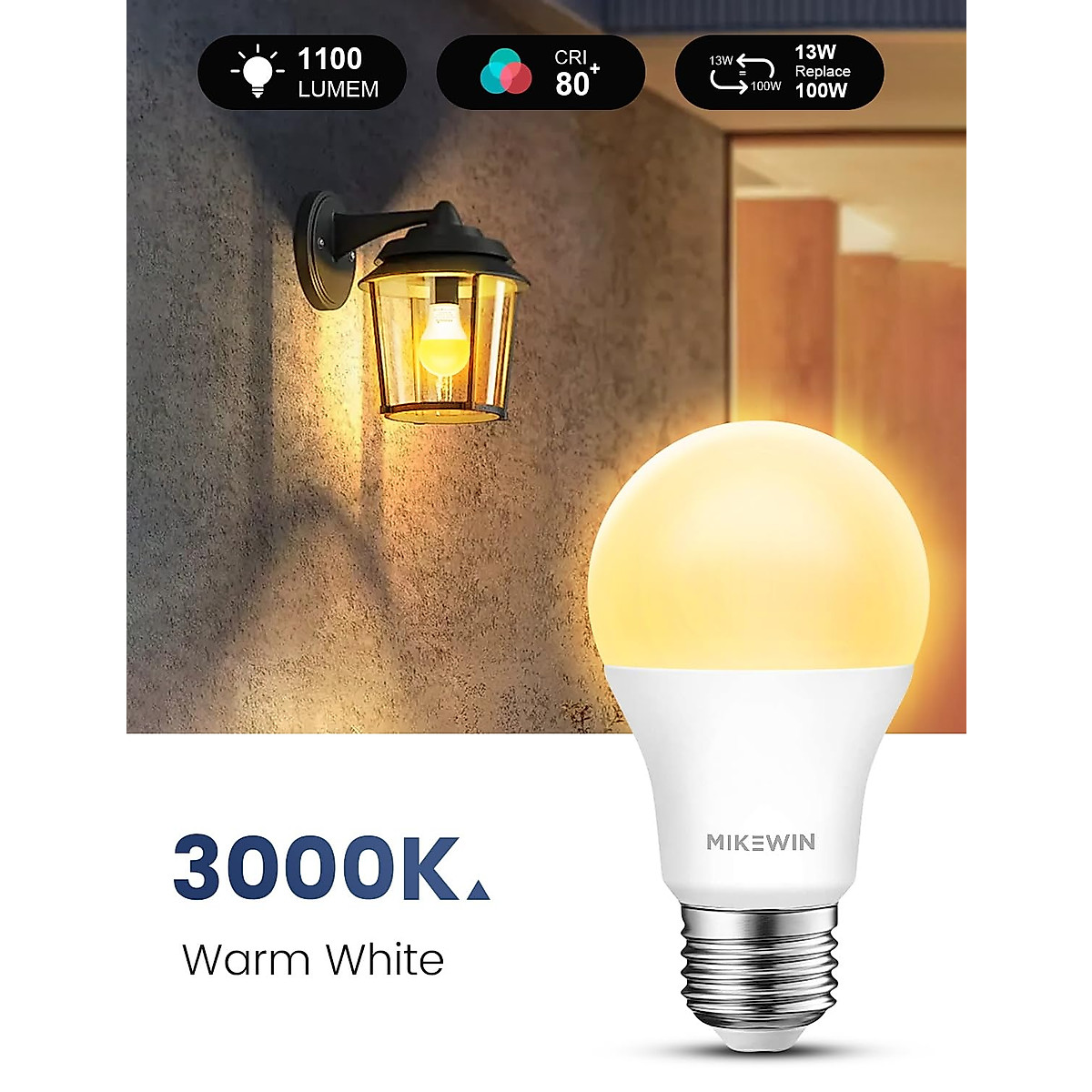 MikeWin Dusk to Dawn Light Bulbs Outdoor, 3000K Warm White, 12W(100W Equivalent) Auto ON/Off Light Sensor LED Lighting Bulb for Wall Lantern, Porch, Boundary, Garage, Patio, Front Door, 4 Pack