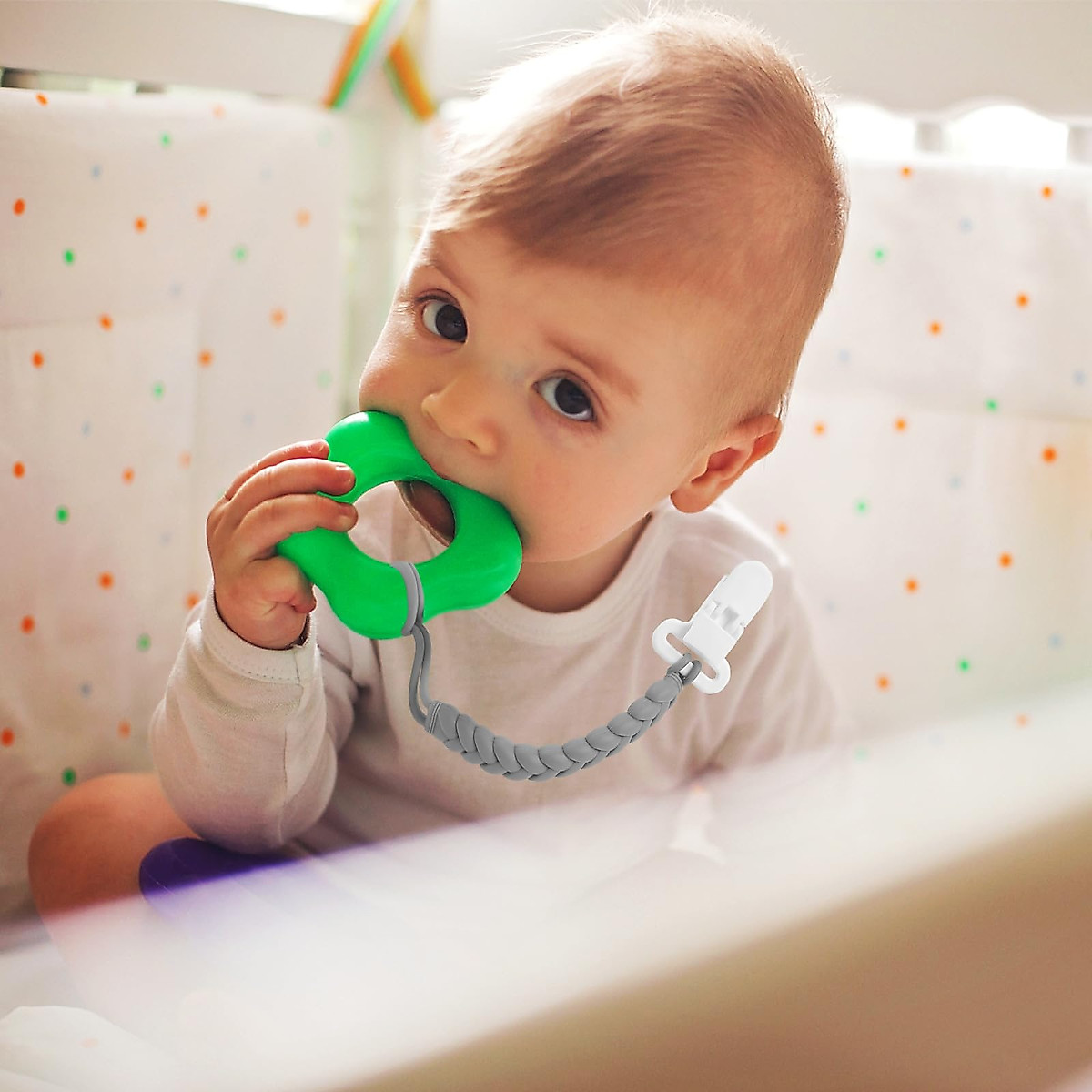 4-Pack Silicone Pacifier Clips with a Woven Rope Shape for Baby Boys and Girls - Flexible and Rust-Free Holders for Teething Relief and Baby Essentials, Safe for Newborns (Grey)