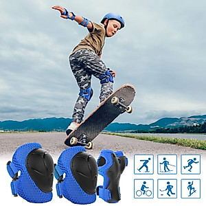 WayEee Kids Bike Helmet Set Skateboard Knee Pads, 7PCS Protective Gear Adjustable for Girls Boys 3-10 Age Elbow Pads Wrist Guards for Outdoor Sports Cycling Bike Roller Skating Scooter, Youth, Blue