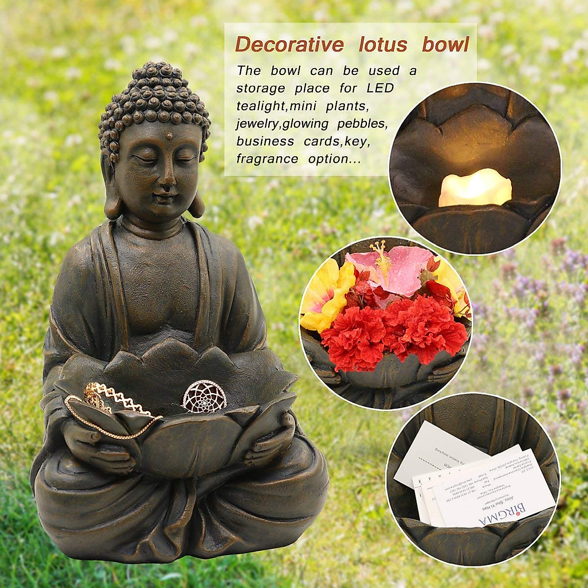 Goodeco 12" Meditating Buddha Statue Figurine w/Lotus - Zen Garden Statues for Indoor/Outdoor Decor- with Magical Glow in Dark Pebbles & Glass Stones, Ideal Gifts for Home (Brown)