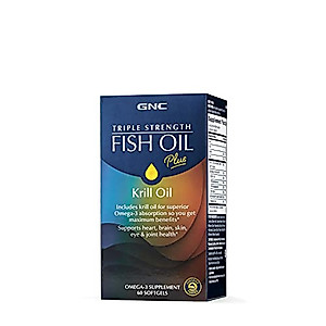 GNC Triple Strength Fish Oil Plus Krill Oil | Includes Krill Oil for Superior Omega-3 Absorption, Supports Heart, Brain, Skin, Eye, and Joint Health | 60 Softgels