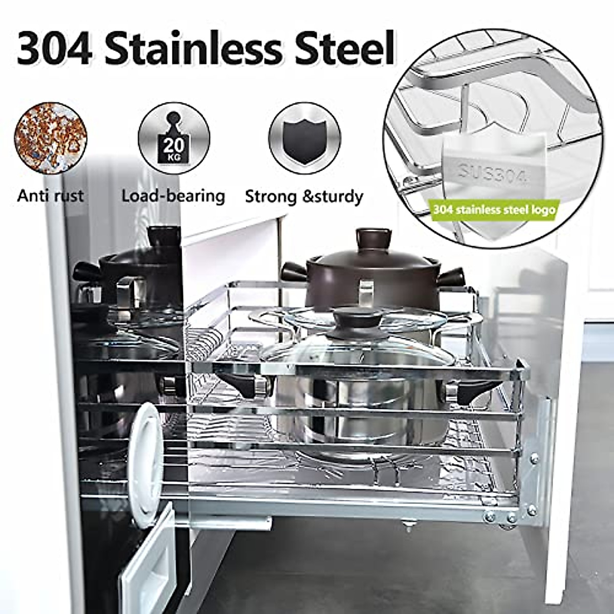 2 Tier Pull Out Cabinet Drawer Organizer Heavy Duty Pull Out Spice Rack 304 Stainless Steel Deepen 47cm Kitchen Slide Out Storage Shelf for Cans, Bakeware for Pantry, Cupboard, Bathroom Cabinet (59W*