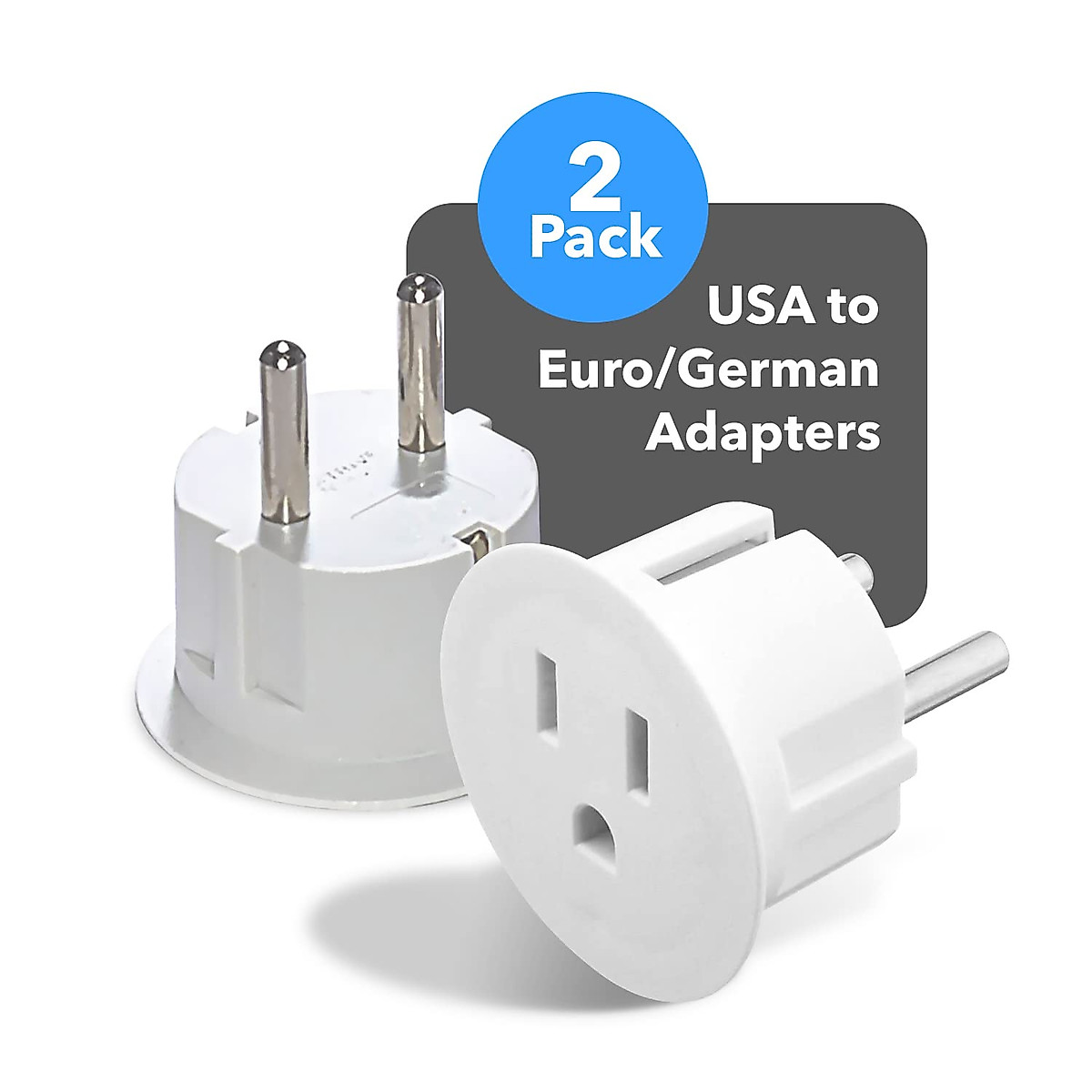 OREI American USA To European plug adapter – Type E/F schuko plug adapter - Use in Germany, France, & more - CE Certified – For Mobile, Laptop & Camera Chargers - 2 Pack
