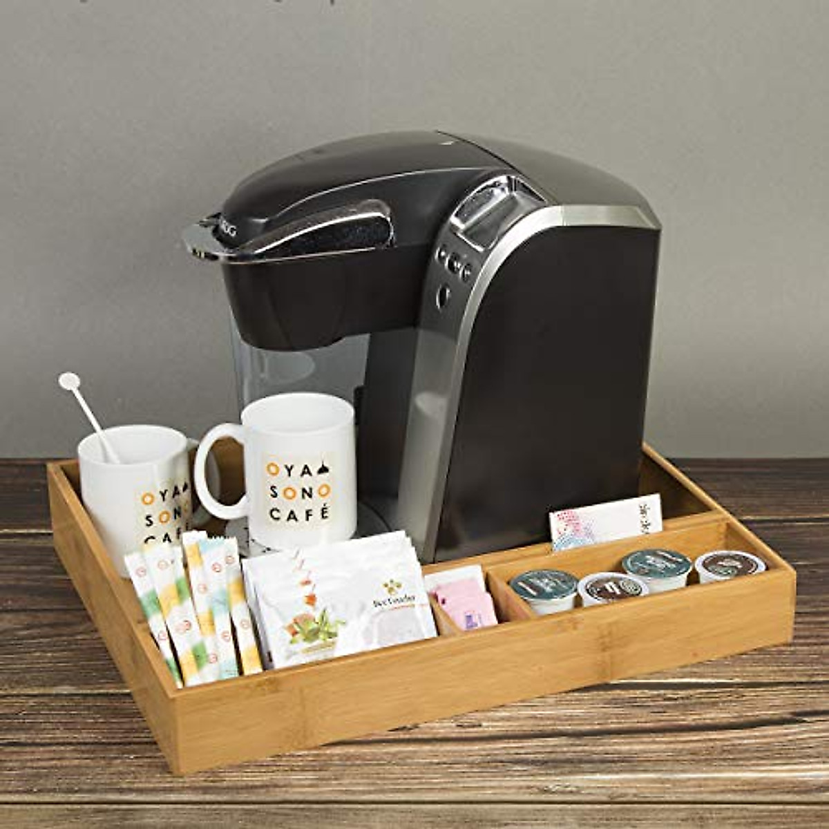 Creative Home Natural Bamboo Multipurpose Organizer Coffee Machine Accessories Storage Tray, 18.3" x 15" x 3" H, Natural Finish