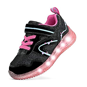 SKYWHEEL Black Hook and Loop Toddler Shoes Size 11 Girls Light up Breathable Led Tennis Little Kids Sneakers (Black Size 11)