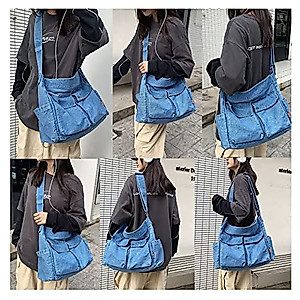 Denim Shoulder Bag Tote Bag for Women Retro Hobo Handbag Commuter Crossbody Bags Purse for Travel School Office (Light Blue)