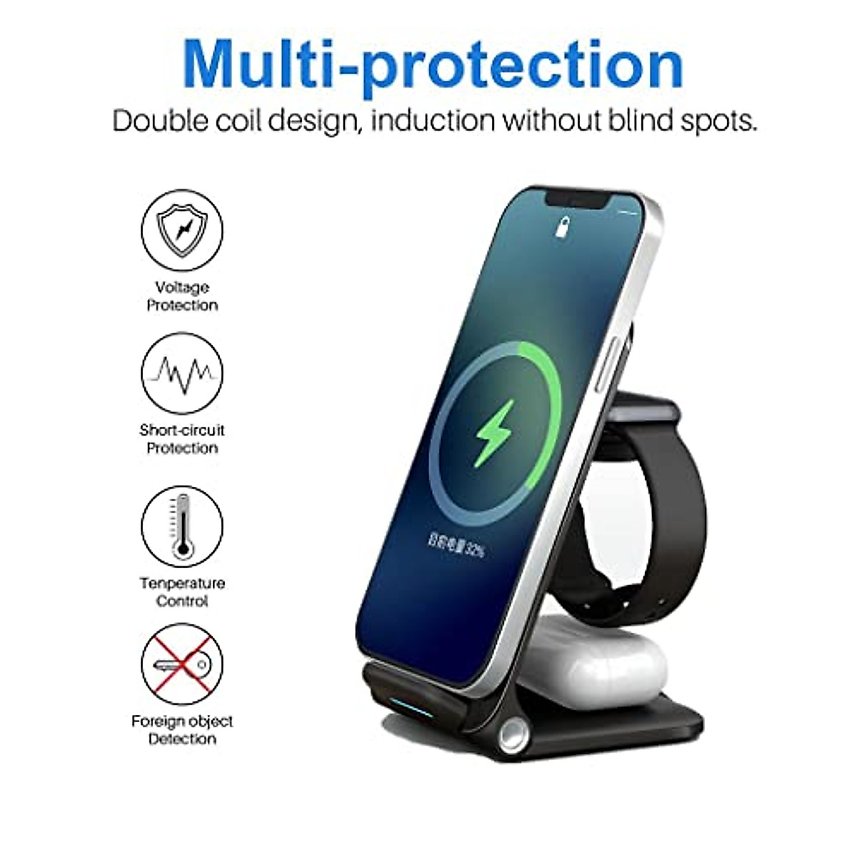 Wireless Charging Station,3 in 1 Wireless Charger Stand,Fast Charging Station Foldable, Compatible with iPhone 12/14/13/11/Pro/Max/XS/Max/XR/XS/X, iWatch 8/7/6/SE/5/4/3/2, Airpods Pro/3/2 etc