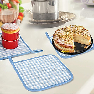 Kitchen Oven Mitt and Pot Holders, 5 pcs Heat Resistant Vintage Cotton Gingham Oven Mitts and Potholders Hot Pads Mats Coasters Set for Cooking Baking (Blue Set)