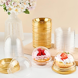 TOFLEN 50 Pack 3 Inches Gold Charcuterie Domes with Clear Lids, Plastic Hot Cocoa Bomb Boxes, Individual Party Dessert Display Charcuterie Domes for Catering Event Wedding