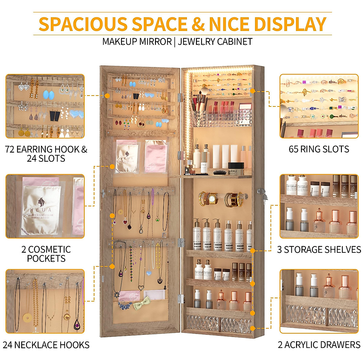 LVSOMT LED Jewelry Mirror Cabinet 47.2", Wall/Door Jewelry Armoire Organizer, Full-Length Mirror with Jewelry Storage, Over The Door Hanging Mirror, 2 Drawers, Lockable, Wood