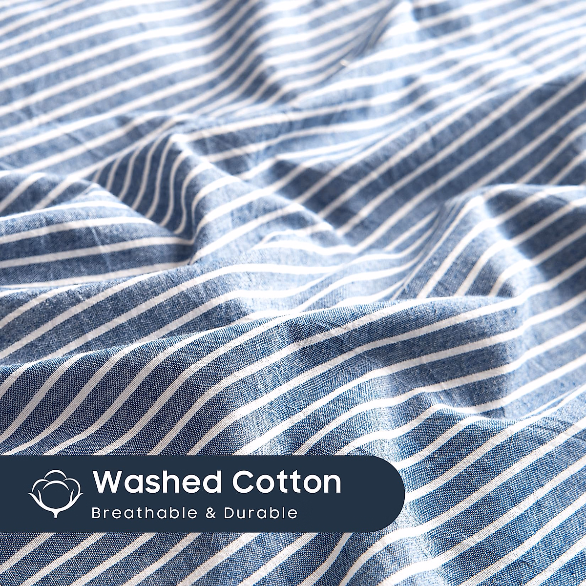 Wake In Cloud - Striped Cotton Duvet Cover Set, 100% Washed Cotton Textured Percale Bedding Set, Ticking Stripe Pinstripe Farmhouse, 3 Pieces, Denim Blue, Queen Size