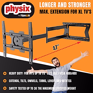 Physix 2120 Long arm TV Wall Mount for 32-75 inch Screens | Extra Long Extension up to 47 inch | Heavy-Duty TV Mount Holds up to 77 lbs | Full-Motion, swivels up to 180° | Max. VESA 400x400