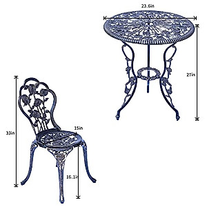 KAI LI 4-Piece Balcony Tables and Chairs, 1 Table, 2 Round Chairs and 1 Bench, Metal cast Aluminum, Bistro Suit, Garden Bench, Rose Pattern (Bronzed)