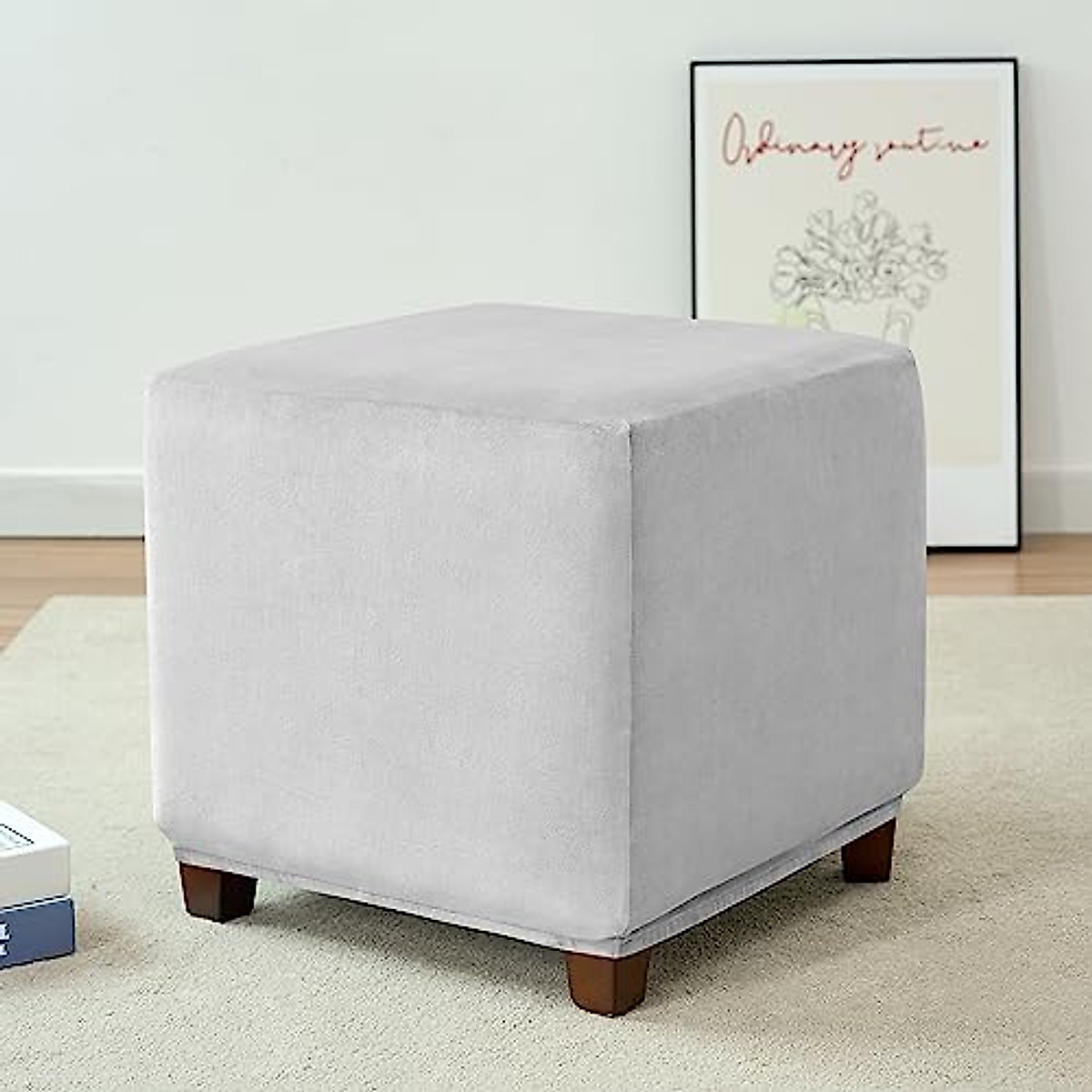 HFCNMY Ottoman Cover Square,Stretch Velvet Square Ottoman Cover Thick Ottoman Slipcover Square Washable Storage Ottoman Cover Foot Stool Cover with Elastic Bottom Light Gray Small