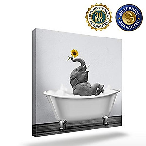 Canvas Wall Art Print Bathroom Wall Art Decor-Happy Elephant with Sunflower in Bathtub Black White Illustration Artwork Canvas Prints Stretched & Framed Ready to Hang Home Decor Wall Decor (12''x12'')