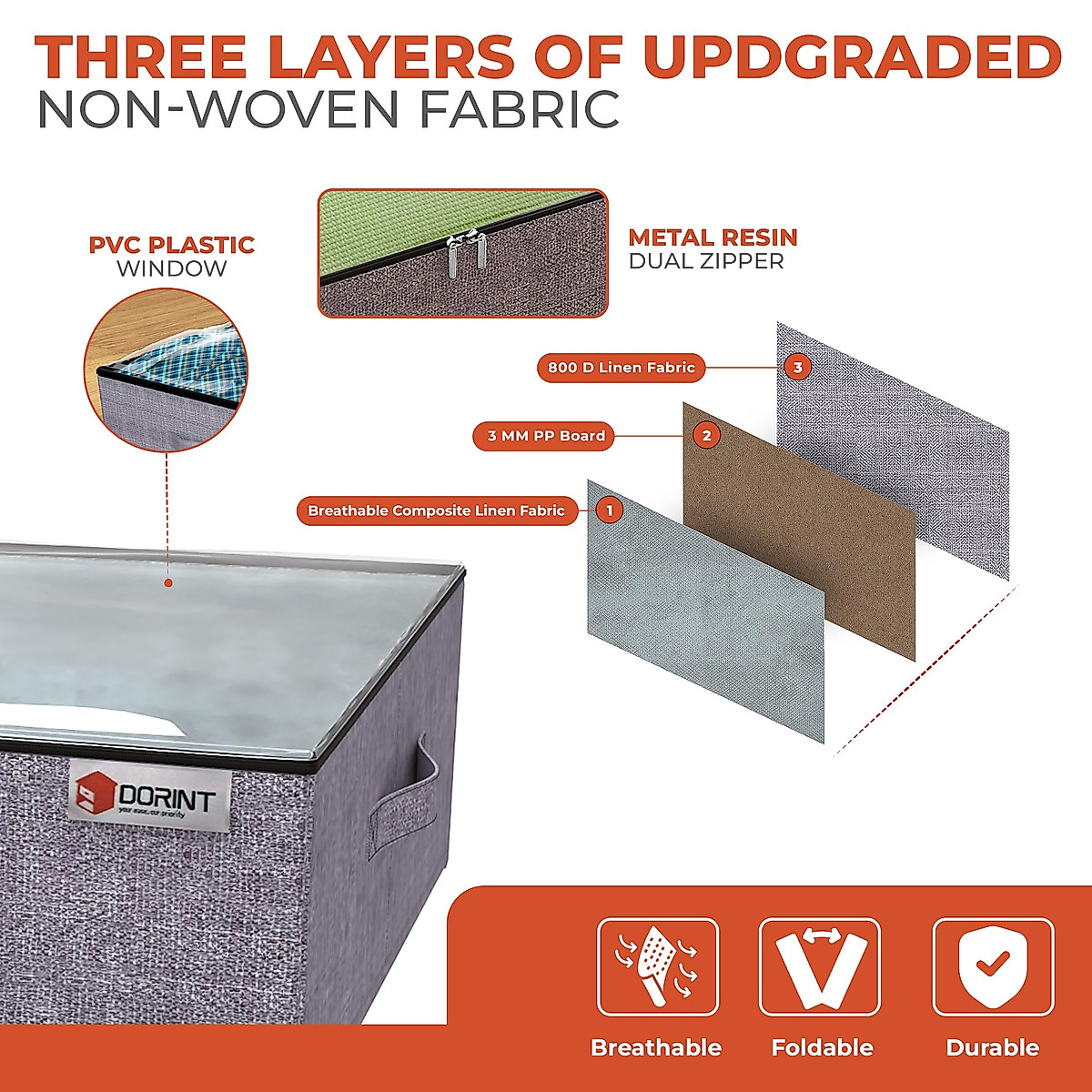 DORINT 2 Pack Under Bed Storage Containers - 4 Reinforced Handles for Clothing, Bedding, Blankets, Towels, Sweaters (6 Inches Tall, 60L)