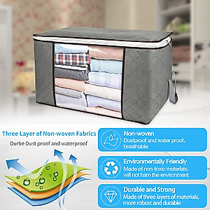 Txtsegose Large Capacity Clothes Storage Bag,Capacity Storage Bins with Clear Window, Closet Organizer with Reinforced Handle, Storage Containers Foldable with Sturdy Zipper, 3 Pack, (Gray).