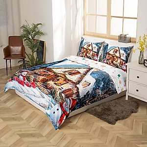 Manfei Christmas Duvet Cover Set Queen Size, Winter Snow Scenery Bedding Set for Kids Boys Girls Room Decor, Western New Year Comforter Cover, Soft Polyester Quilt Cover, 2 Pillowcases, No Comforter