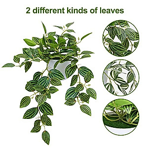 CEWOR Fake Plants,2 Pack,Realistic Artificial Hanging Plants,Faux Peperomia Watermelon Plants,Indoor Outdoor Decor