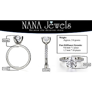 NANA Jewels 3.00ct Pure Brilliance Zirconia Engagement Ring Wedding Set Round Brilliant Cut Solitaire in Silver Size 7