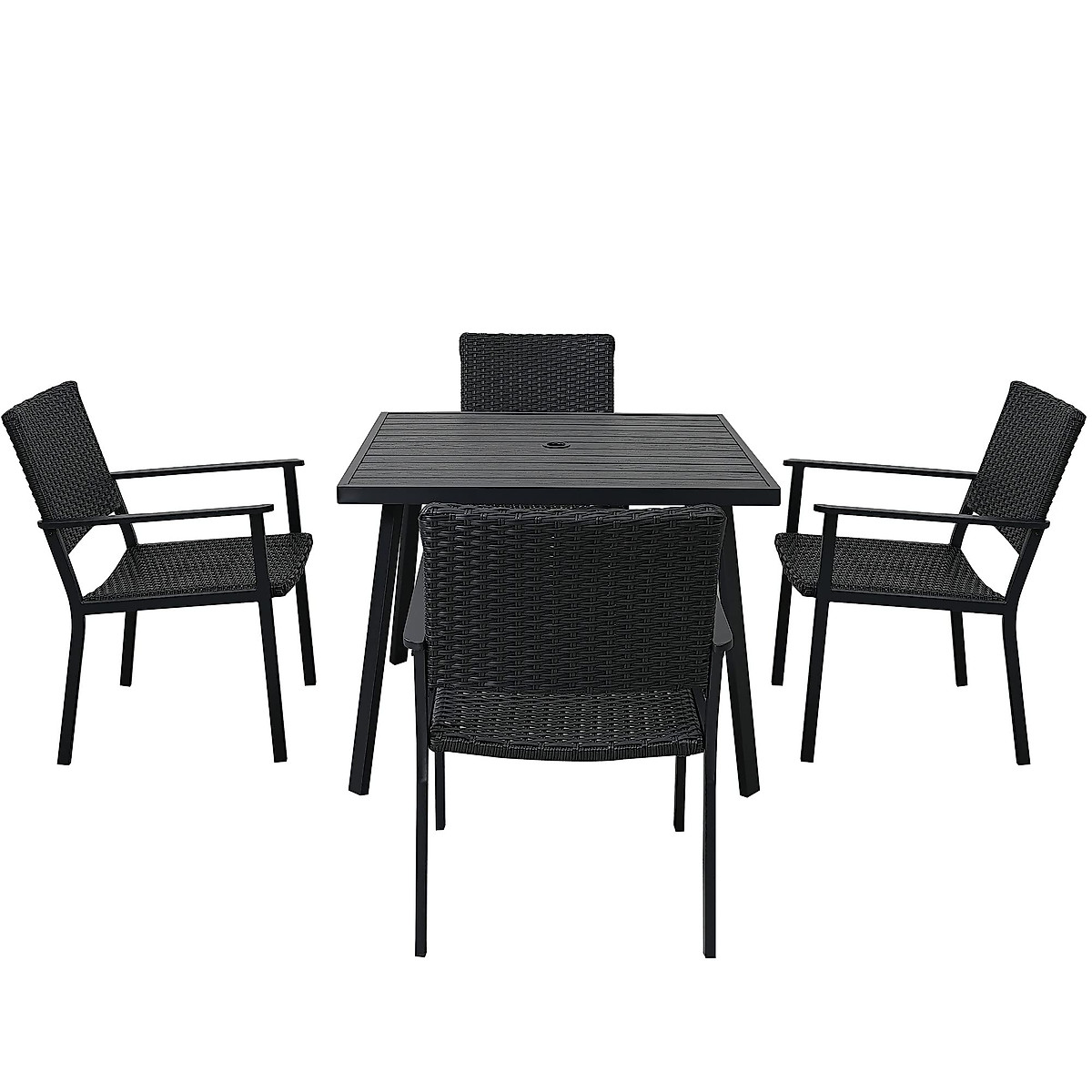 Quarte Patio 5-Piece Dining Table Furniture Set,Outdoor PE Wicker Conversation Set with Umbrella Hole and 4 Dining Chairs,for Porch Lawn Garden Backyard Poolside