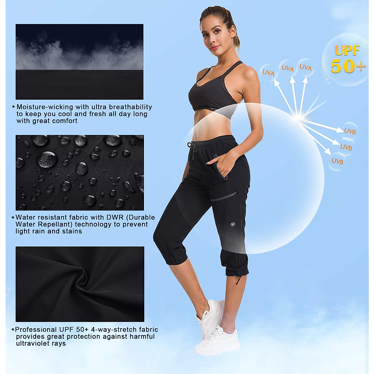 ChinFun Women's Hiking Capris Pants Outdoor Quick Dry Cargo Cropped Pants Water Resistant UPF 50+ Black XL