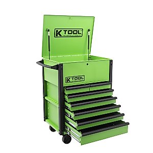 K Tool International 75124 35" Service Cart Tool Box for Garages, Repair Shops, and DIY, (7) Drawers, Locking Lid, (4) 5" Swivel Casters (2) with Brake, Protective Bumpers, Matte Finish, Neon Green