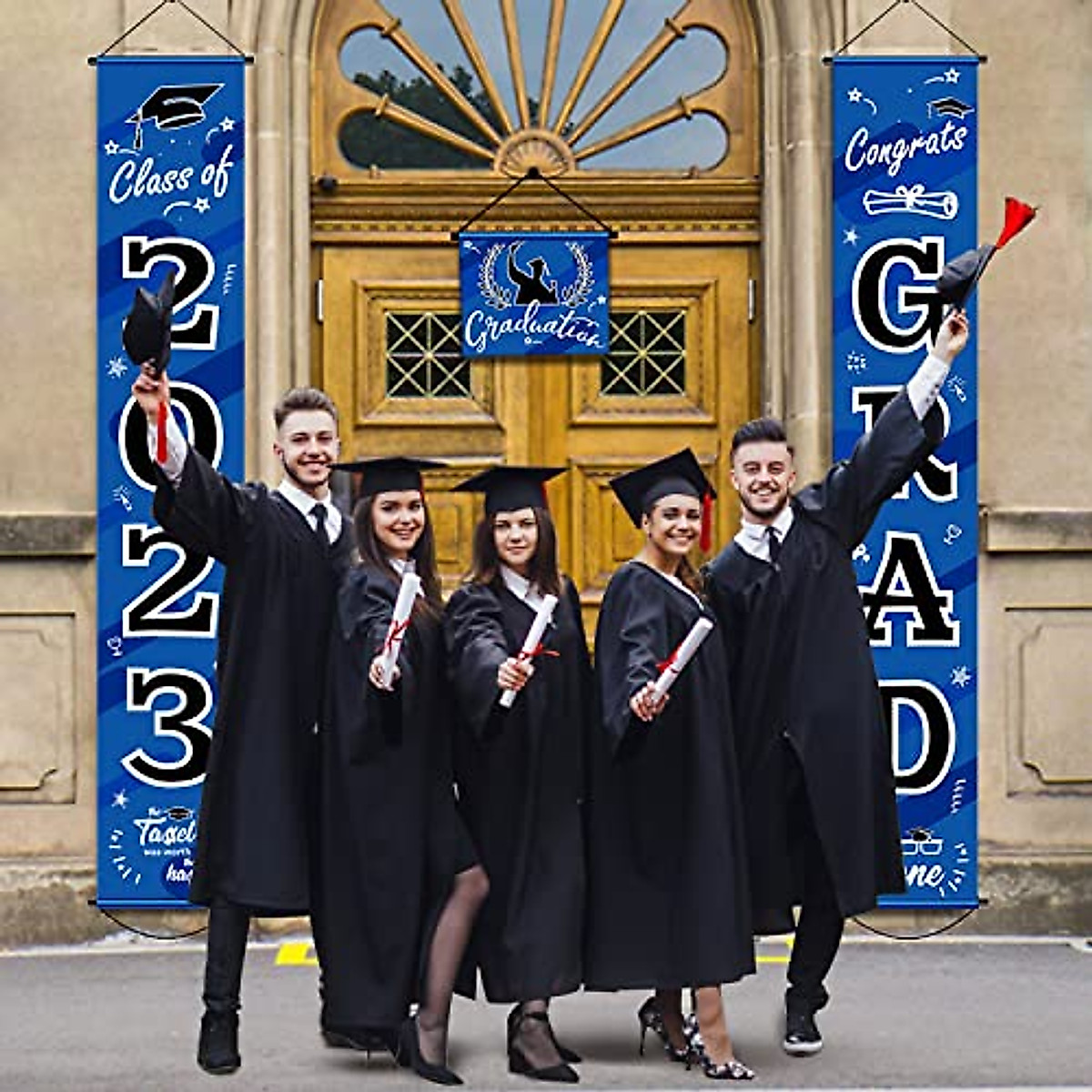 2023 Graduation Decorations, 3 Pcs Class of 2023 Congrats Grad Banner, Blue and Black Graduation Party Decorations Hanging Banner Door Porch Sign Photo Props for College, High School and Other Grades