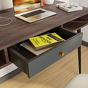 kevinplus Computer Writing Desk 46.8'' with Fast Charge USB Port & Power Outlet, Mid-Century Modern Study PC Desk with Type-C Ports Charging Station, Home Office Desk with Drawer, Walnut & Dark Grey