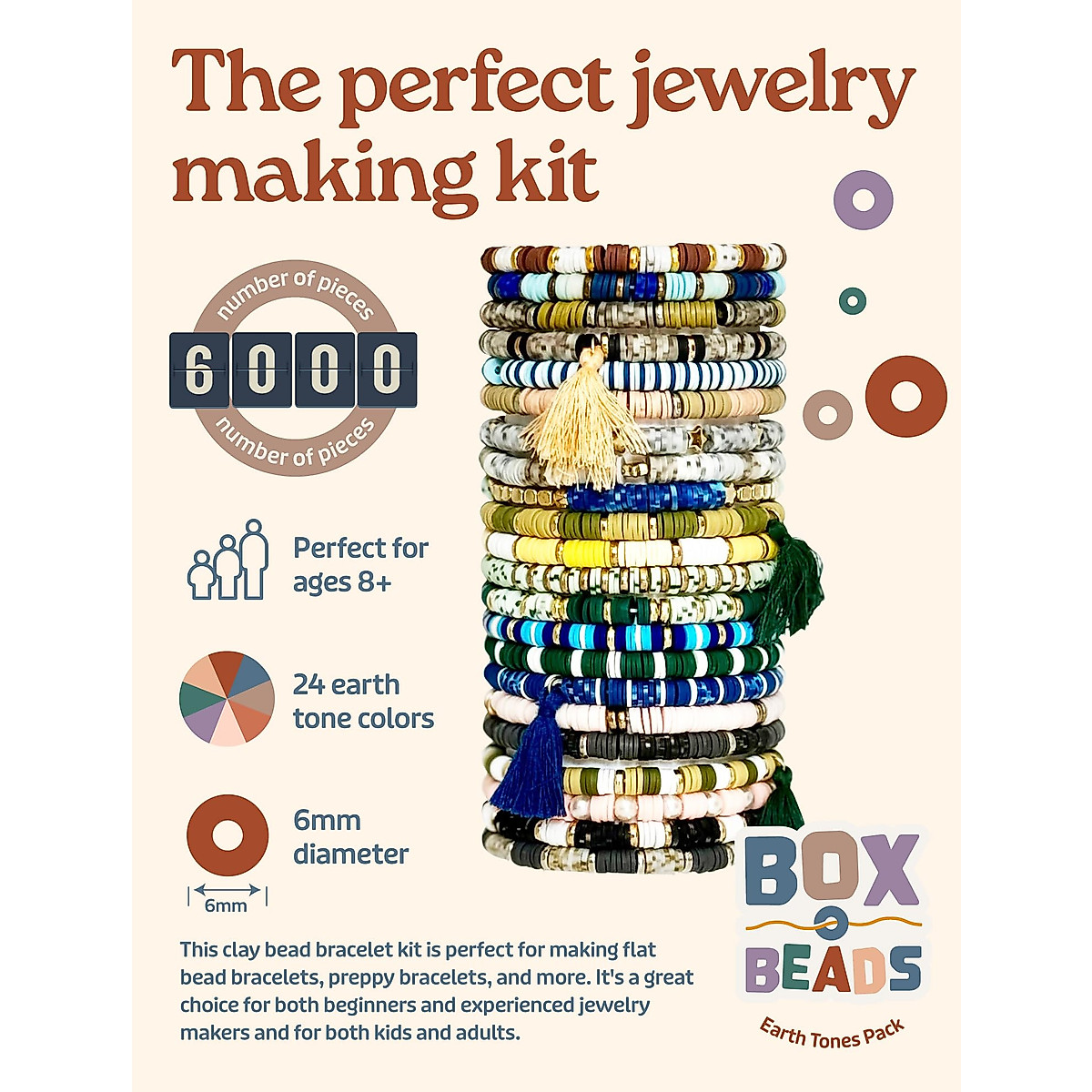 Clay Beads Bracelet Making Kit by Box-O-Beads, 6000 pcs Polymer Clay Heishi Beads for Bracelet & Jewelry Making, DIY Bracelet Making Kit for Kids & Teens Ages 8-12, 24 Earth Tone Colors, 6mm Beads