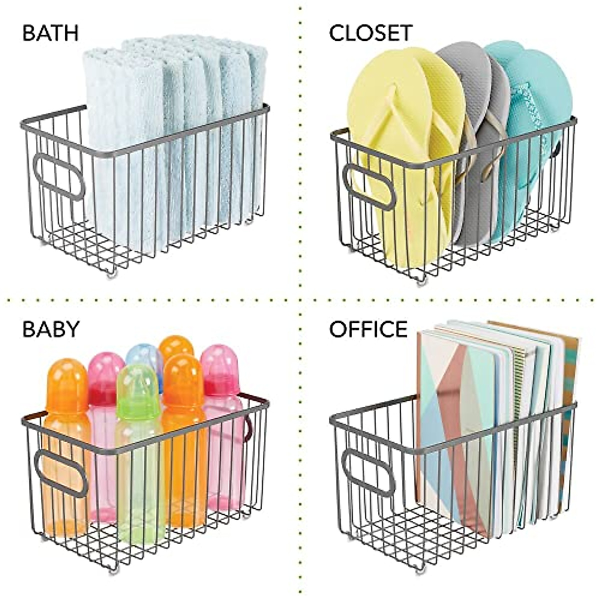 mDesign Metal Farmhouse Kitchen Pantry Food Storage Organizer Basket Bin - Wire Grid Design - for Cabinet, Cupboard, Shelves, Countertop, Closet, Bedroom, Bathroom - 10" Long, 4 Pack - Graphite Gray