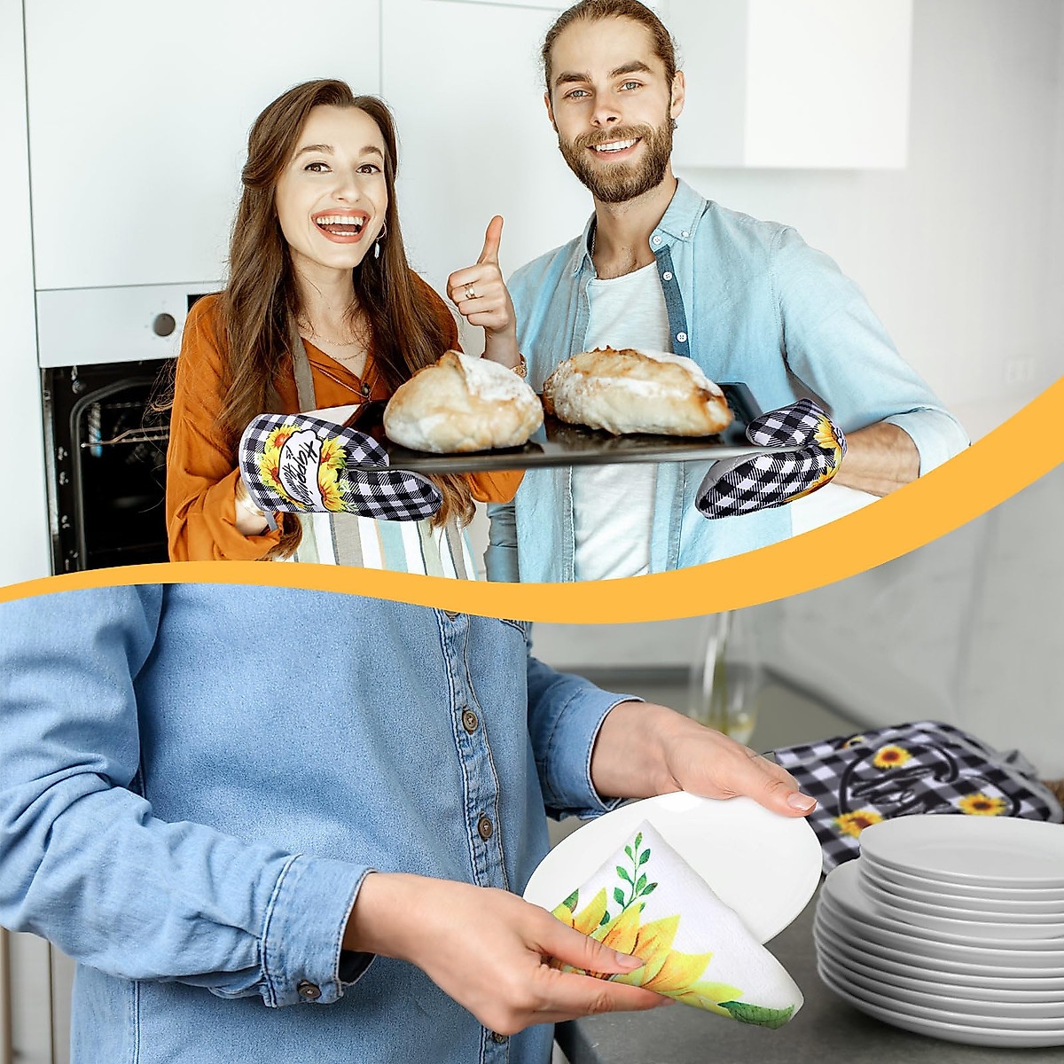 Leinuosen 6 Floral Plant Oven Mitts and Pot Holders Sets Farmhouse Kitchen Towels Absorbent Dish Towels for Cooking Baking Grilling(Classic Color,Plaid Sunflower)