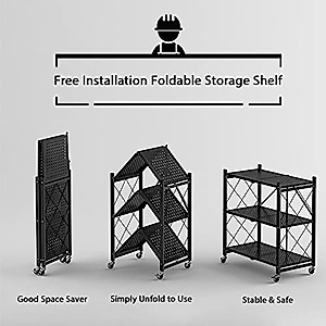 MYDENIMSKY 3 Tier Storage Shelf, Foldable Shelving Units with Wheels, Metal Storage Rack, Wire Shelving Units No Assemble Required, Moving Easily Great for Laundry Garage Kitchen (Fully Fold)