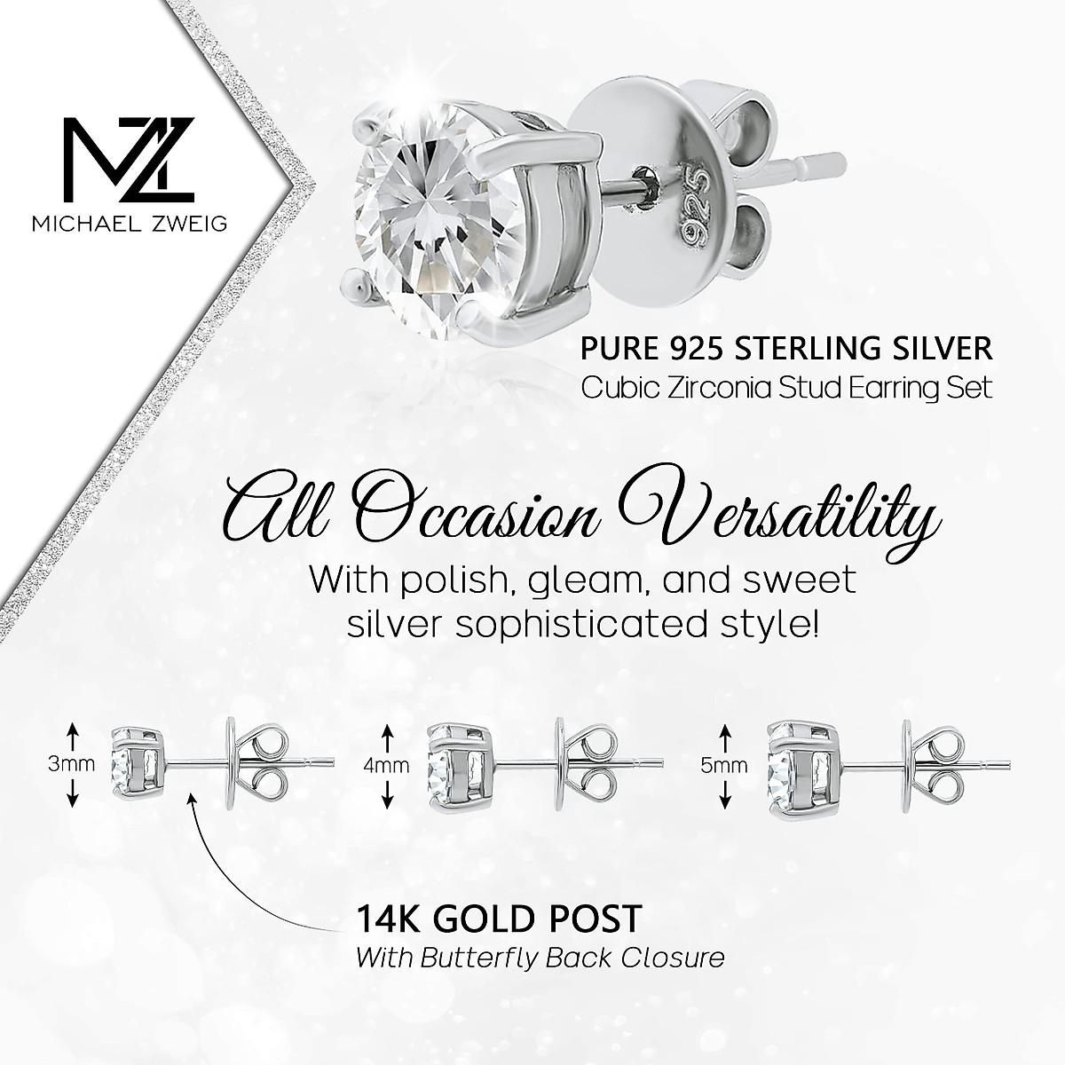 Michael Zweig 14K Solid Gold Posts 925 Sterling Silver Stud Earrings 3pc Set Cubic Zirconia 3.0mm, 4.0mm, 5.0mm, Diamond Carat Weight, 1.75 cttw