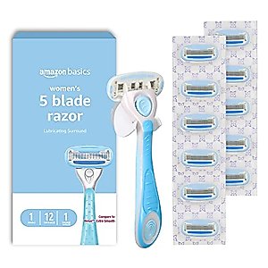 Amazon Basics 5-Blade Razor for Women, Handle, 12 Cartridges & Shower Hanger (Cartridges fit Amazon Basics Razor Handles only) (Previously Solimo)
