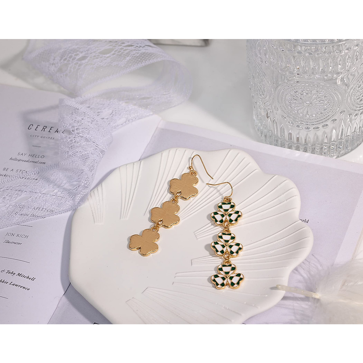 St Patrick's Shamrock Earrings for Women, Unique Green and White Luck Clover Jewelry, Charm Irish Party Gift