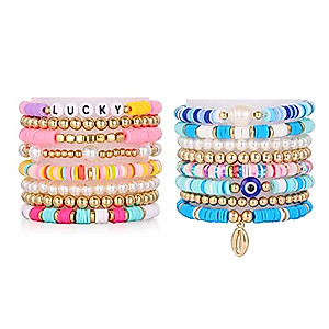 16Pcs Preppy Beaded Bracelets Set for Women Teen Girls,Colorful Heishi Clay Bead Bracelets Stackable Stretch Bracelet Gold Beaded Evil Eye Pearl Shell Summer Beach Surfer Boho Bracelets Aesthetic Y2K