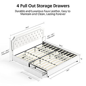 BONSOIR King Size Storage Bed Frame Upholstered Low Profile Traditional Platform with Tufted and Nail Headboard/4 Pull Out Drawers/White Faux Leather