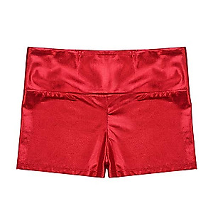 ACSUSS Kids Girls Shiny Metallic High Waist Shorts Gymnastics Ballet Dance Yoga Sports Shorts Hot Pants Dancewear Red 10